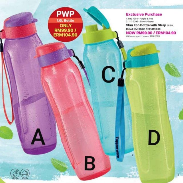 TUPPERWARE SLIM ECO BOTTLE WITH STRAP- BOTOL AIR 1 LITER | Shopee Malaysia