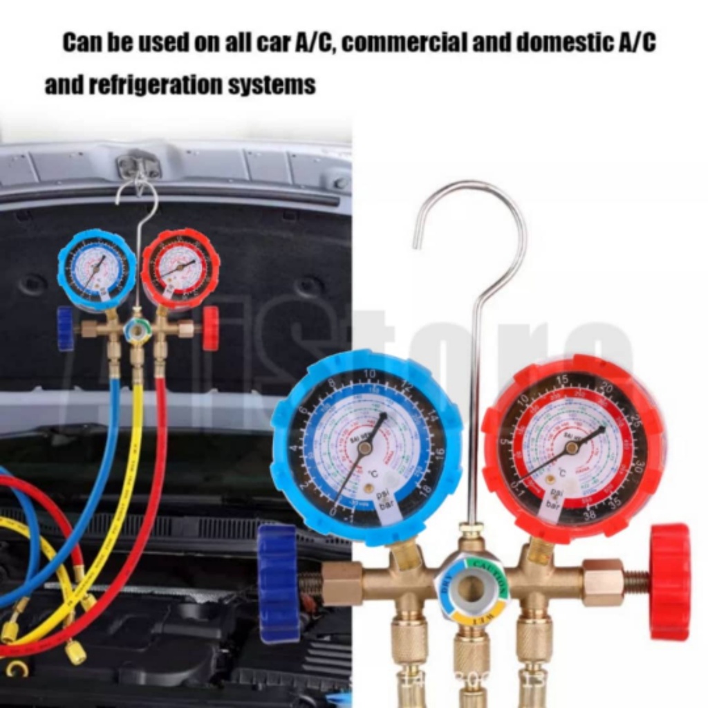 ALi Manifold Gauge R134a R32 R410a R22 R12 R404a Gas Meter + 3 Pcs Hose Aircond Penyaman Udara ...