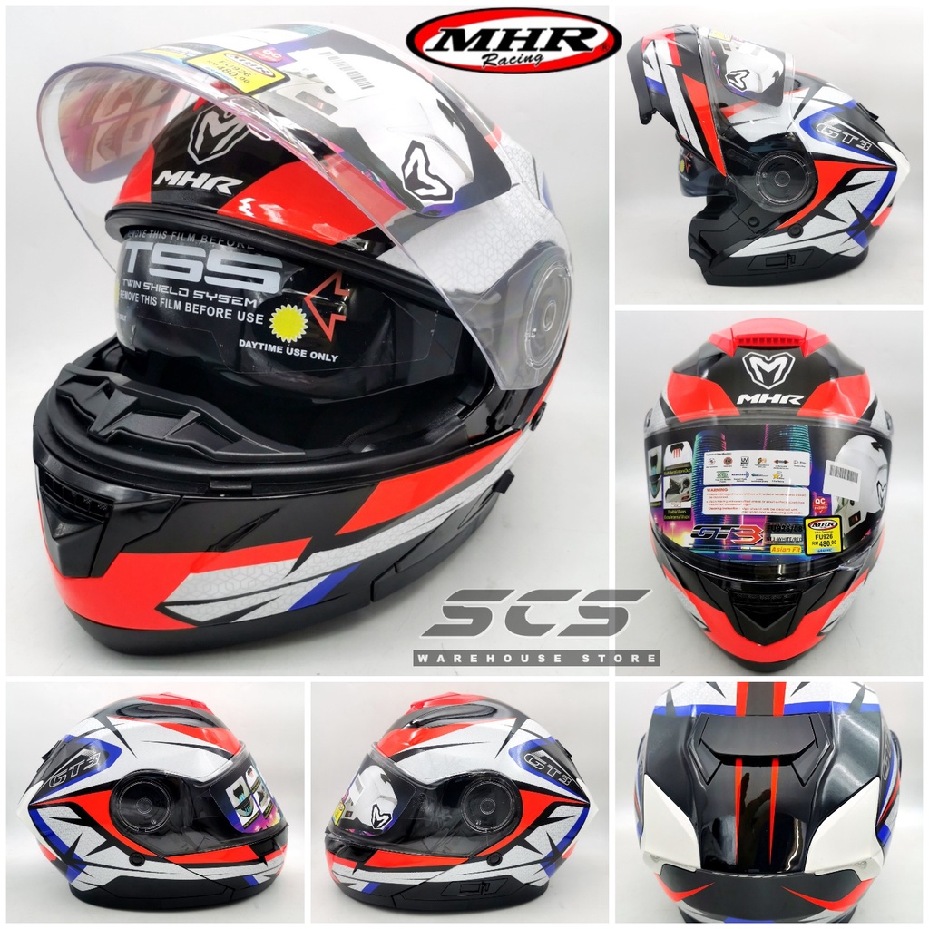MHR Racing Full Face Helmet Flip Up Double Visor FU926 Red White R15 ...