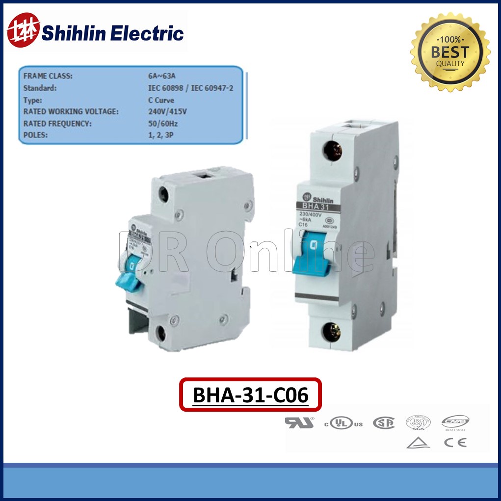 Shihlin 1P MCB 6KA 6A,10A,16A,20A,32A,40A,50A,63A Miniature Circuit Breaker, MCB 1P 6KA, C Curve ...