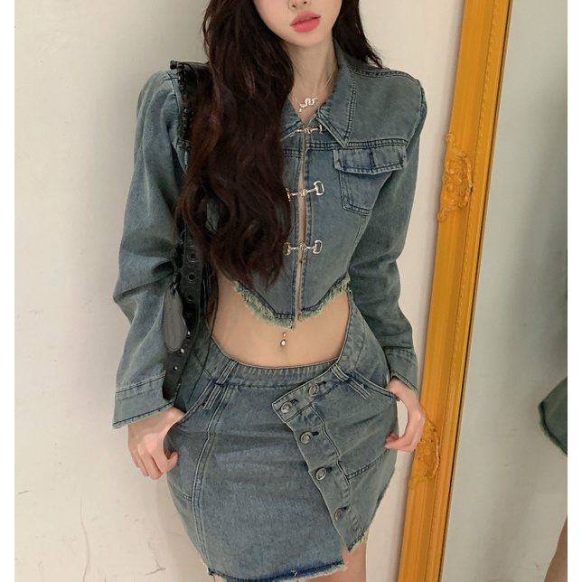 denim cropped jacket outer top with denim skirt one set wear women set ...