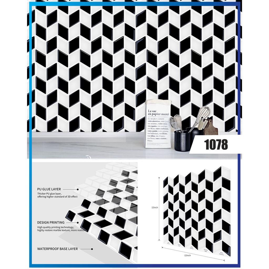 ZALALO 5D Corak Mozek Sticker 1Kaki x Kaki Crystal Hexagon Mosaic Bilik ...