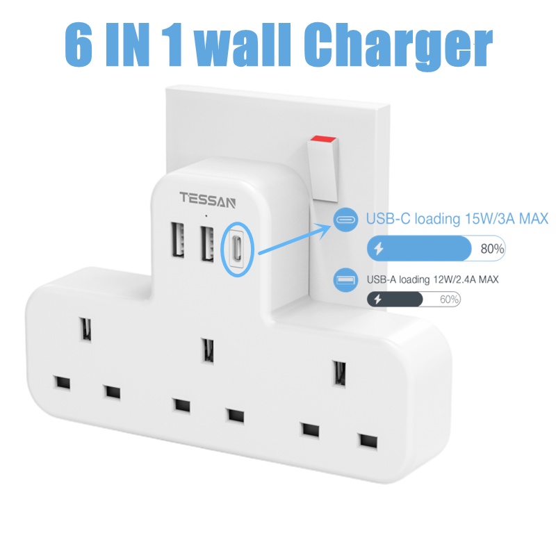 TESSAN Plug Adapter with 3 USB,3 Way Extension Plug Adaptor, Multi Plug ...