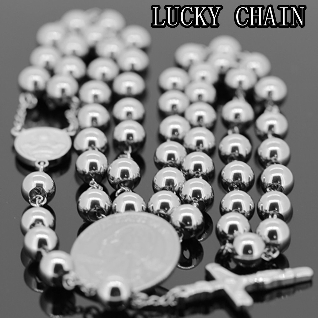 Gold 6/8/10mm ball Jesus cross rosary chain Jewelry stainless steel ...