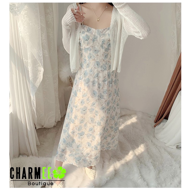 (READY Qc PRODUCTS) Green Floral 2-String Dress + Woven Cardigan Set (with real photos) | Shopee ...