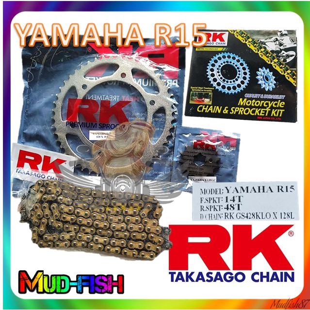 RK YAMAHA R15 MT15 428 O-RING SPROCKET GOLD CHAIN KIT ORING KLO 128L 14T, 46T / 47T /48T (GOLD ...
