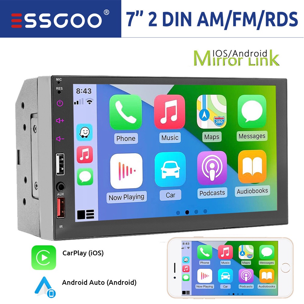 ESSGOO 2 DIN Car Player 7" inch Carplay Android Auto Bluetooth RDS AM FM Radio MP5 Player Mirror ...