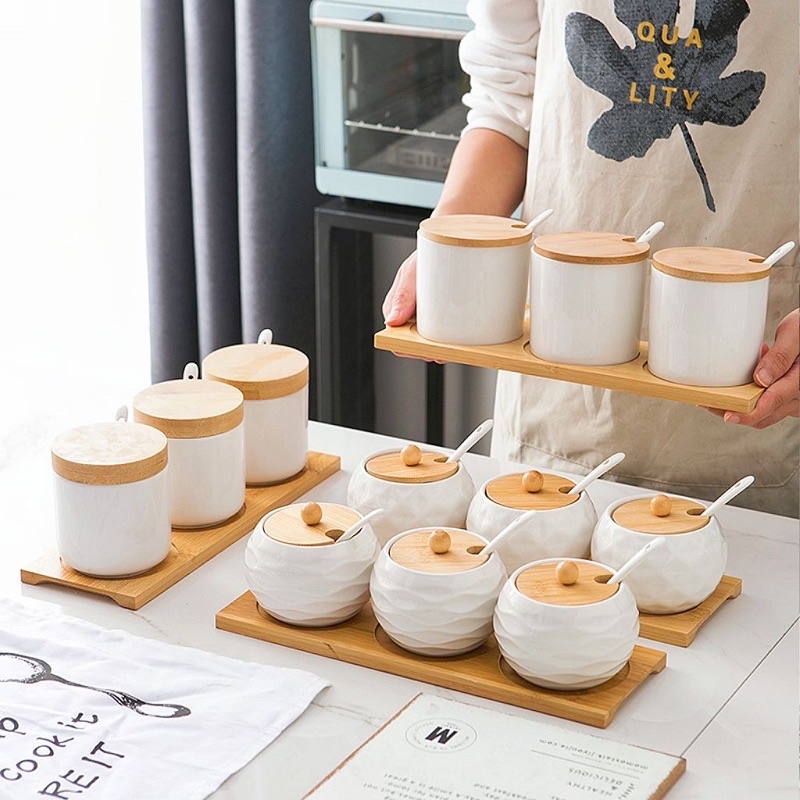 [Ready Stock]Seasoning Jar Ceramic Bamboo Wood/Spice Ceramic/balang ...