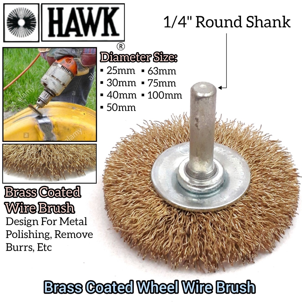 Hawk Super Heavy Duty Wheel Wire Brush Brass Coated With 1/4" Shank For ...