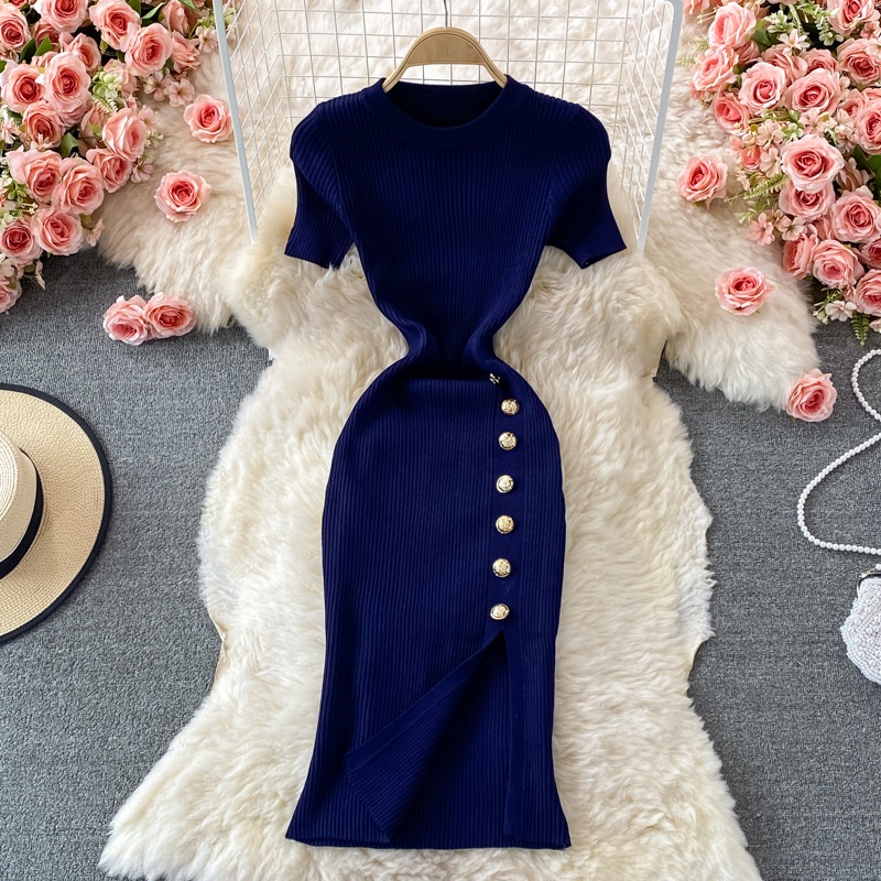 Korean Style Solid Color Dress Fashion Round Neck Single Breasted Slim ...