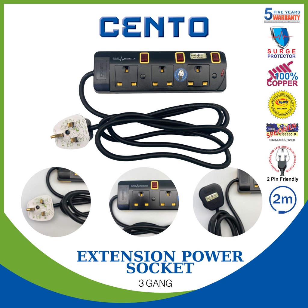 CENTO 3 Pin Socket Outlet/Extension/Power Socket Black & Yellow with ...