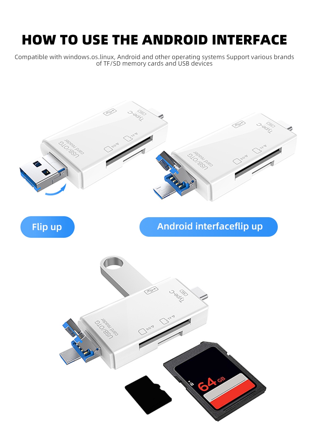 6 in 1 Multifunction Usb 2.0 Type C/Usb /Micro Usb/Tf/SD Memory Card Reader OTG Card Reader ...