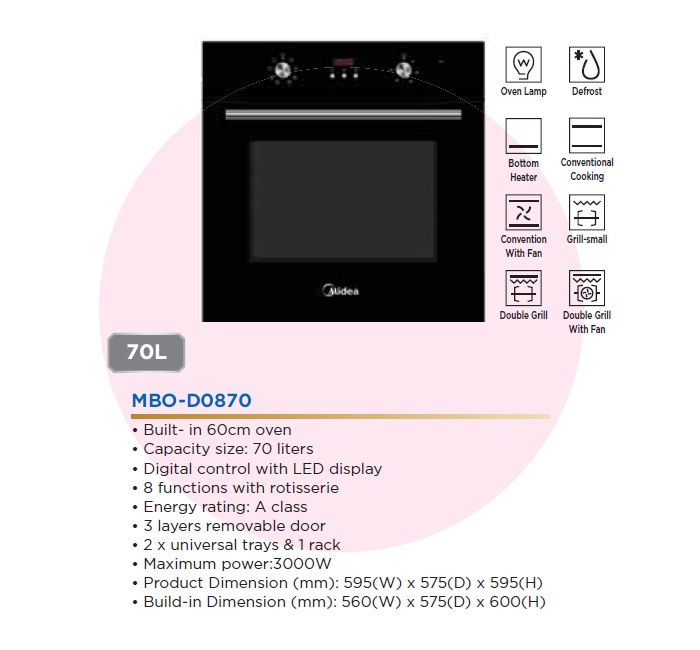 Midea MBO-M1865 65L Built In 60cm Oven / MBOM1865 with Rotisserie // Midea 70L MBO-D0870 70L ...