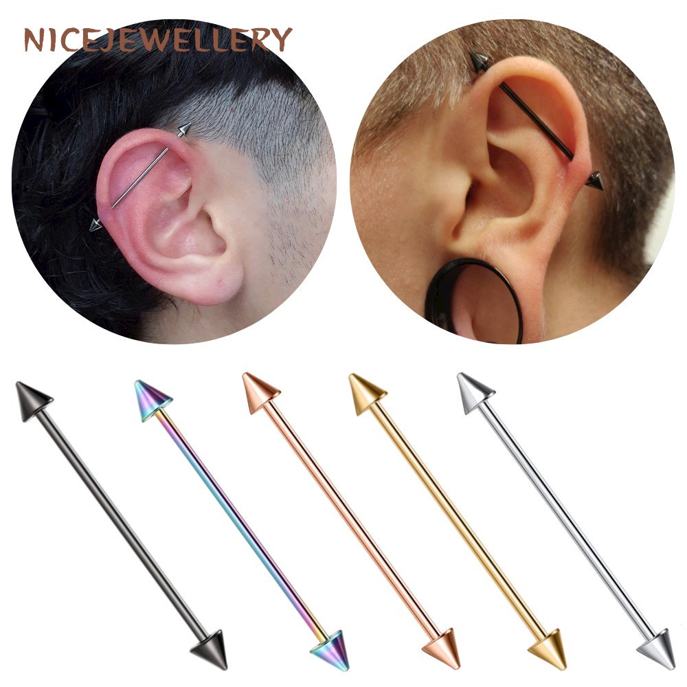 1 PC Long Barbell Ear Piercing Punk Double Hole Earring 316L Stainless ...
