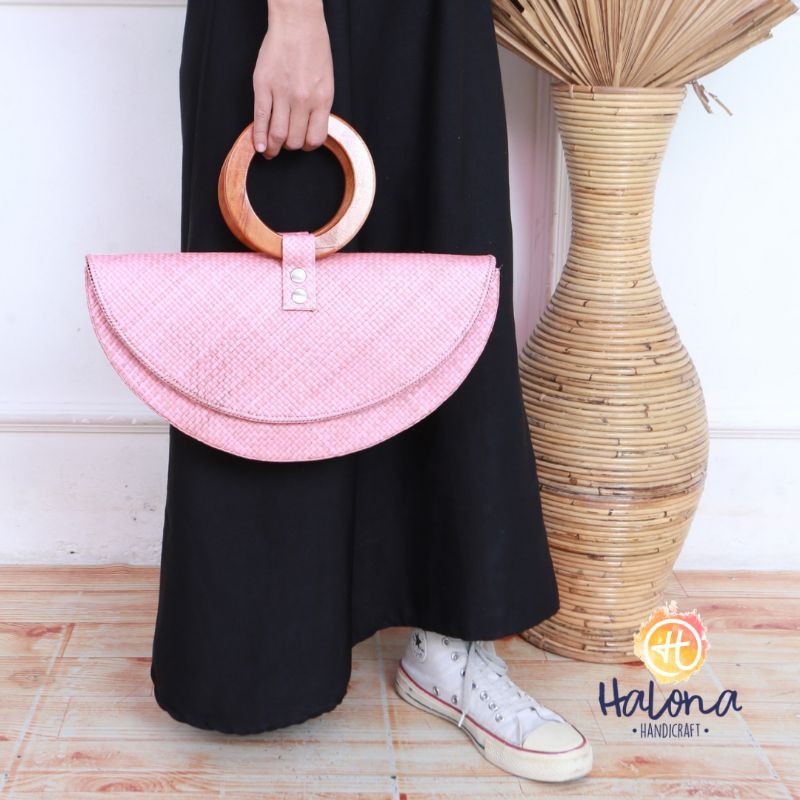 Handmade woven pandan craft bag with crescent wood handle, elegant ...