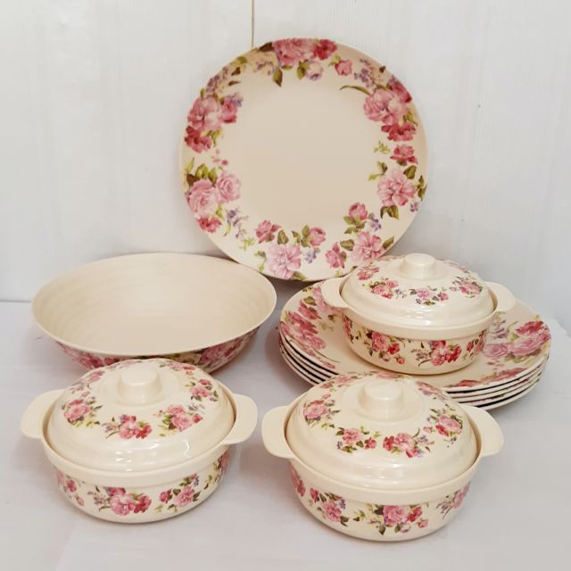 Set combo pinggan mangkuk melamine bunga pink 10pcs | Shopee Malaysia