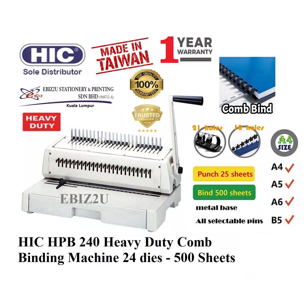 HIC HPB 240 Heavy Duty Comb Binding Machine 24 dies - HPB-240, Comb Binder Machine, Heavy Duty ...