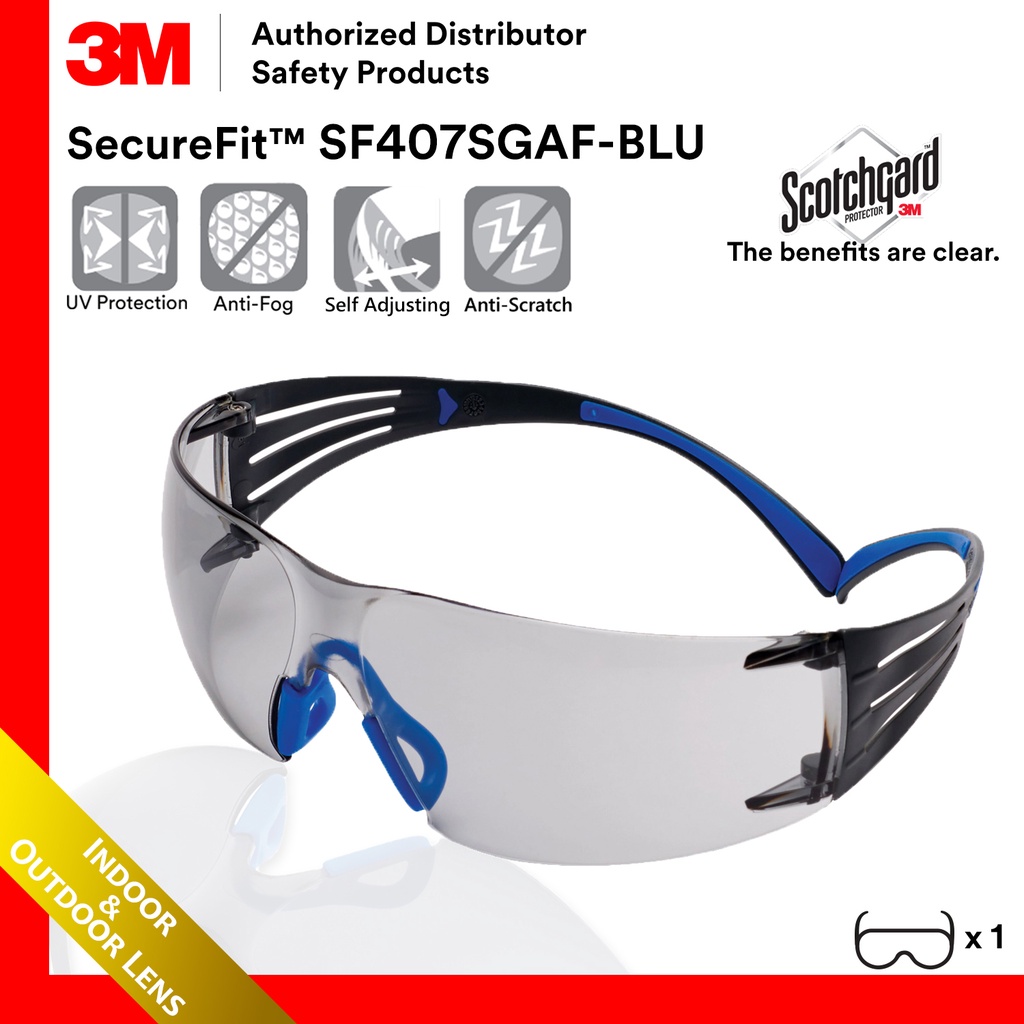 3M SF407SGAF-BLU In-Outdoor Lens SecureFit Premium Safety Glasses Clear ...
