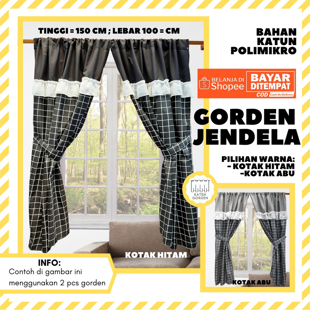 HITAM Black and Gray Square Minimalist Short Window Curtains (Height ...