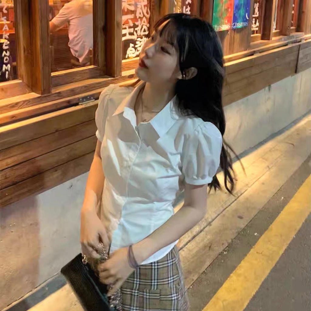 Spring and Summer White Short-sleeved Simple Puff-sleeved Women's Waist ...