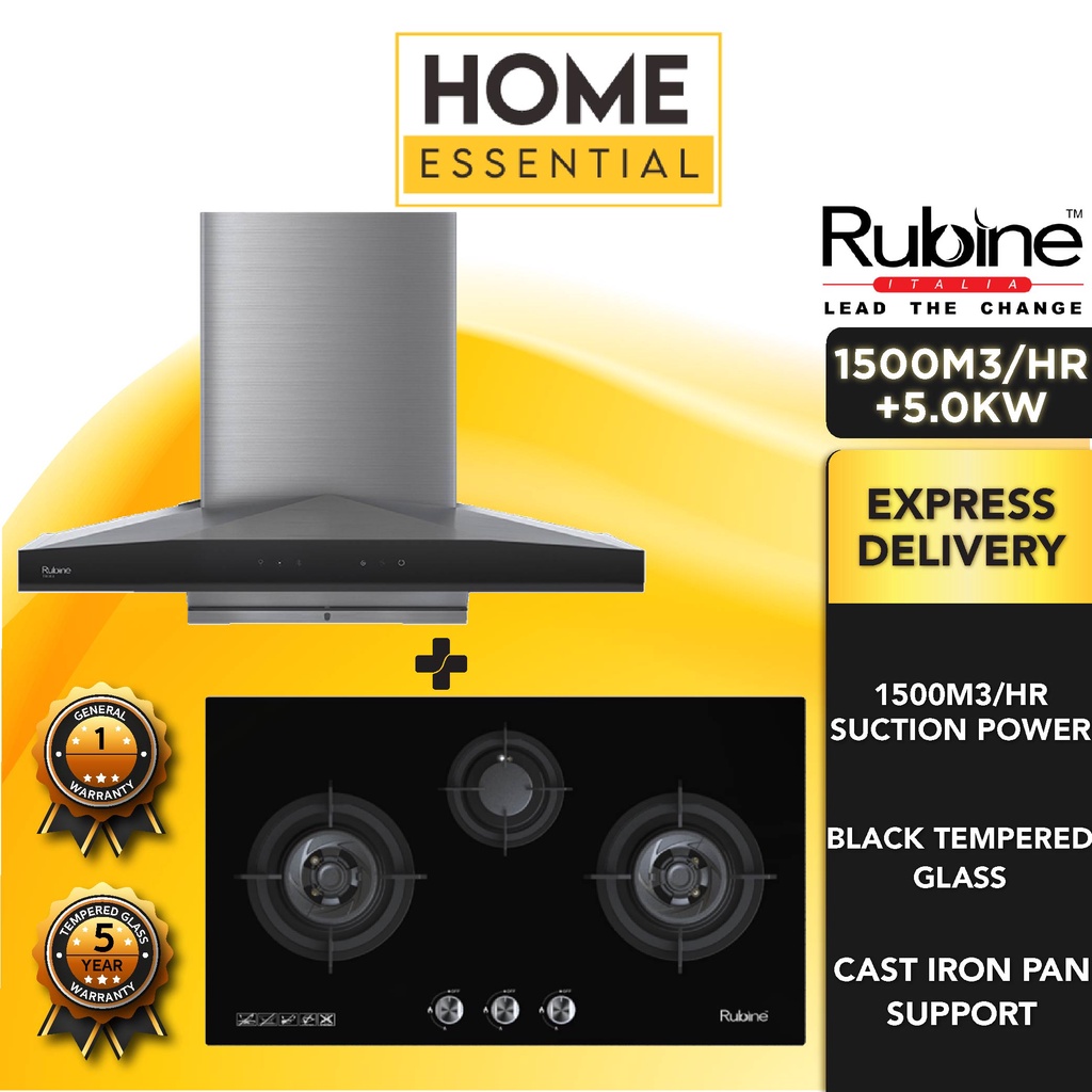 RUBINE Kitchen Hood 1500M³/HR RCH-THORA-SS + 3 Burners Black Tempered ...