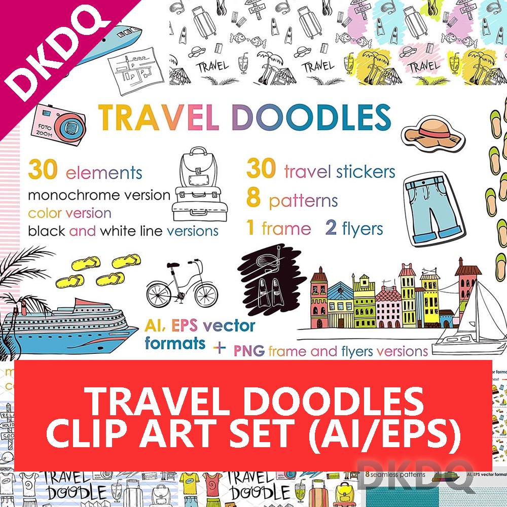 👾 Travel Doodles Clip Art Set ATHENA0143 AI EPS Holiday Theme Design ...