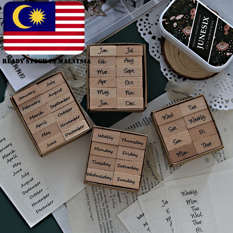 Retro Month Week Date Number Wood Rubber Stamps Set DIY Decorations ...