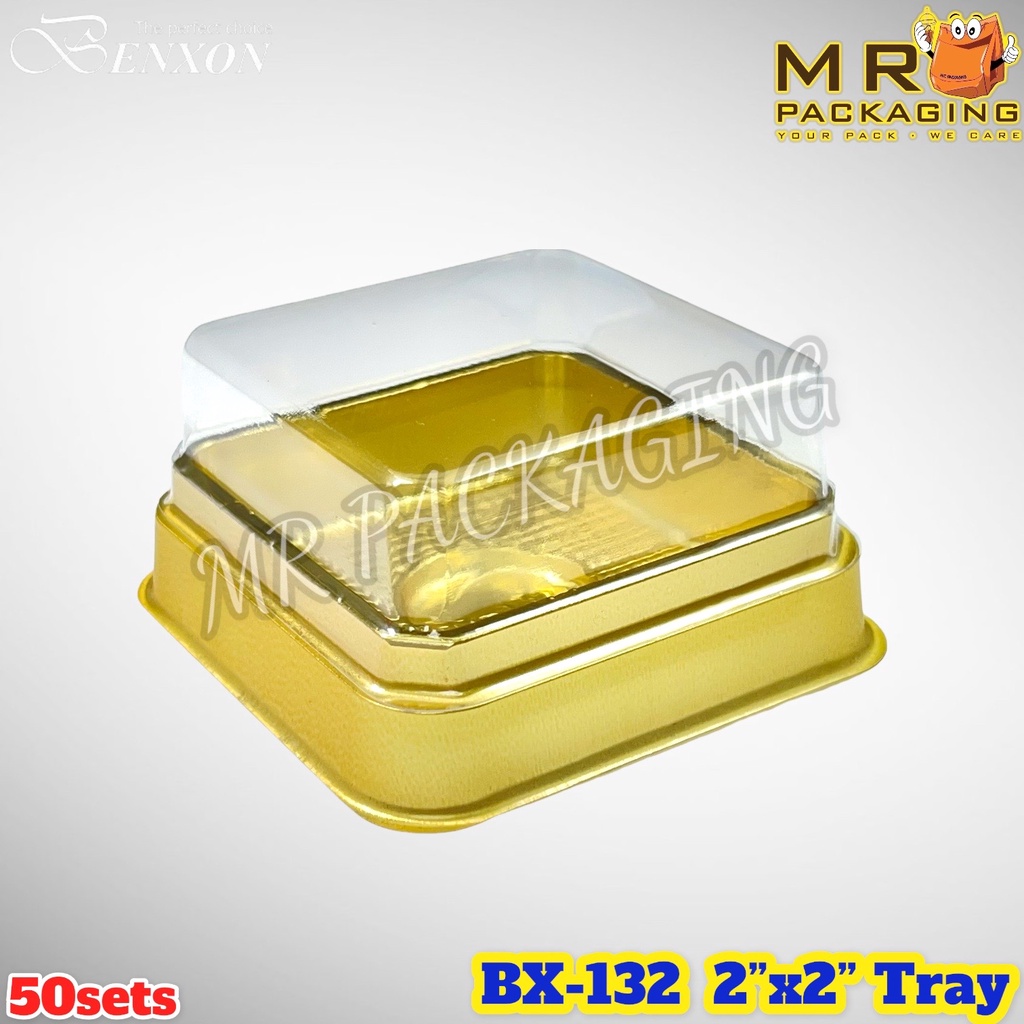 BX-132 2" Plastic Gold Tray & Lid [ 50sets± ] Door Gift Mooncake Bakery Clear OPS PET Food Box ...