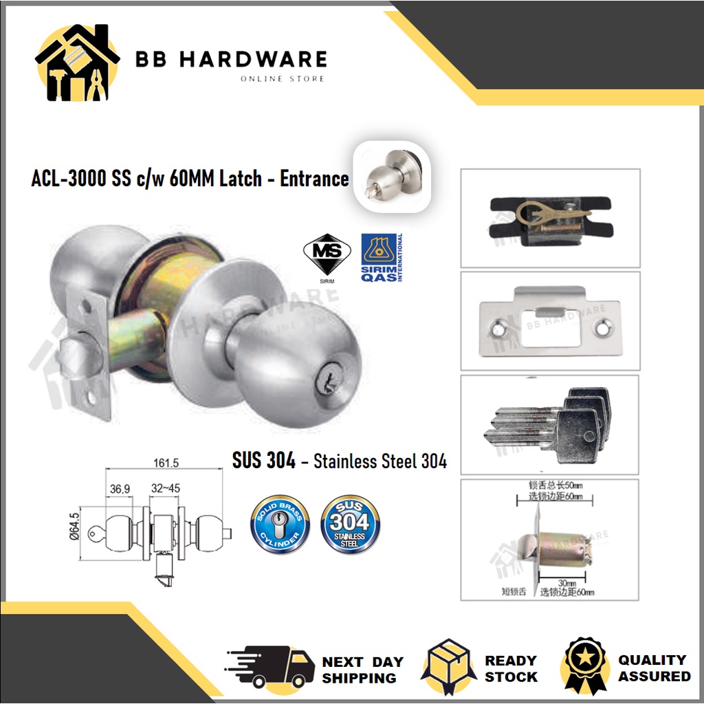 Armor Cylindrical Door Knob Lock Set ACL-3000 | SIRIM SUS304 | Backset - 60 or 70mm | Tombol ...