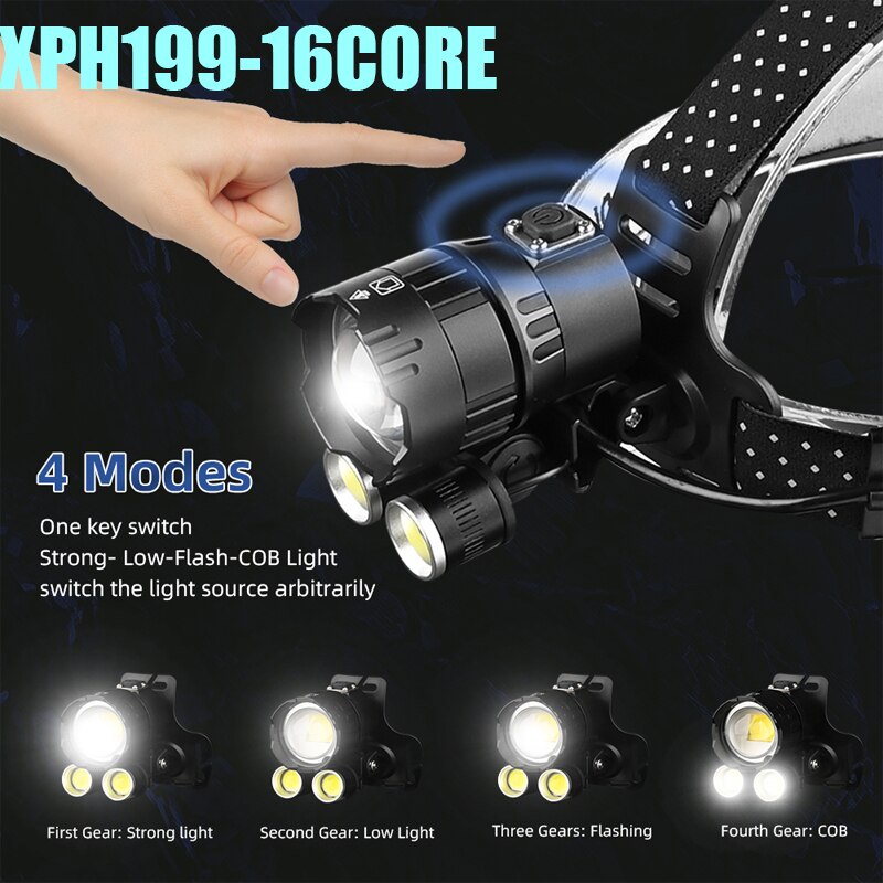 2000000LM Newest XHP199 16-Core Powerful Headlamp XHP160 XHP100 LED USB ...