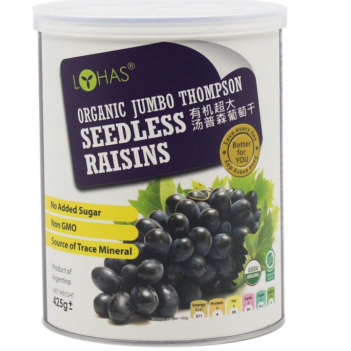 Lohas Organic JUMBO Thompson Seedless Raisins 有机超大汤普森葡萄干 425gm | Shopee ...