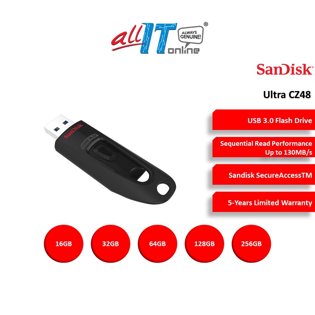 SanDisk Ultra CZ48 USB 3.0 Flash Drive Pendrive (16GB/32GB/64GB/128GB ...