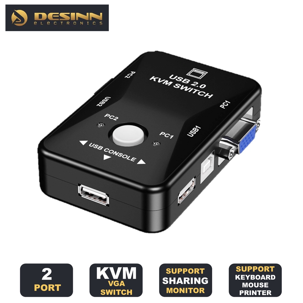 2 Port Vga Kvm Switch 2 Computer Share One Monitor Keyboard Mouse Printer Switcher Selector