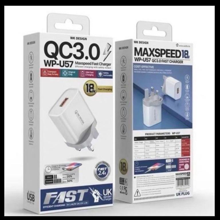 WK DESIGN QC3.0 FAST CHARGER WP-U57 100% ORIGINAL 18W FAST CHARGING UK ...