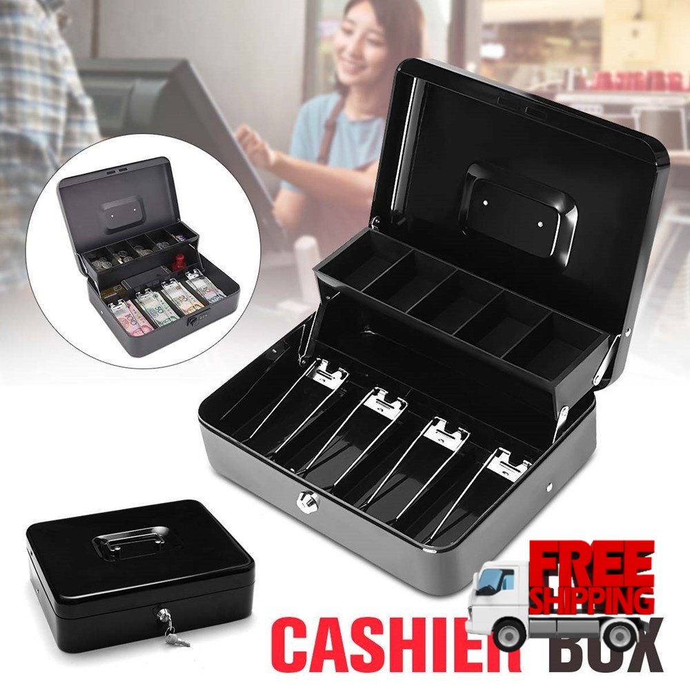 Cash Box (30cm x 24cm x 9cm) Compartment Tray Lockable Security (200mm ...