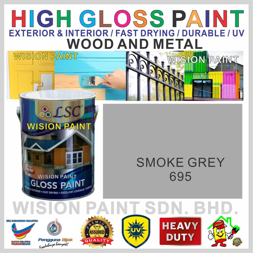 SMOKE GREY 695 ( 5L ) LSC HIGH GLOSS PAINT HEAVY DUTY PRODUCT WOOD AND ...