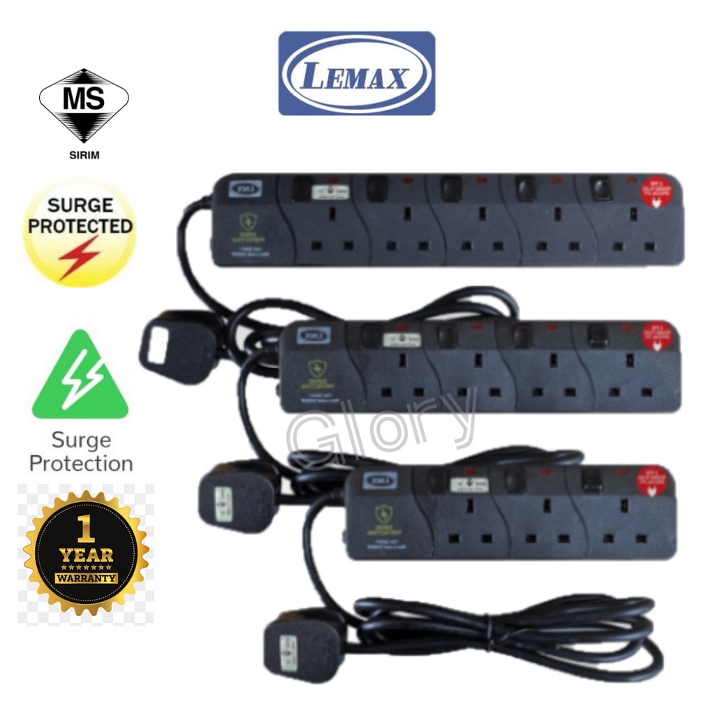 [SIRIM] LEMAX Extension Socket 3 / 4 / 5 Gang Surge Protection 2M Black ...