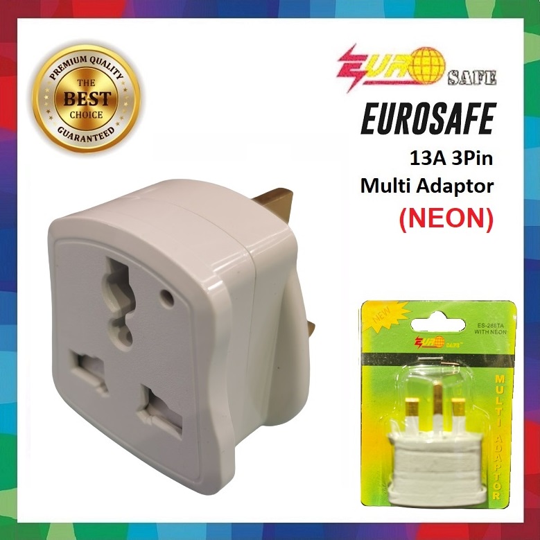 EUROSAFE 13A Multi Plug Adaptor / 3 pin Adaptor Travel Plug for ...