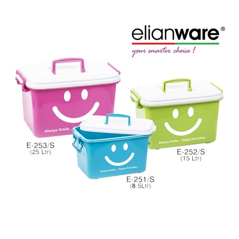 Elianware E-251/S E-252/S E-253/S BPA-Free Plastic Colour Smile Face Storage Box With Handle ...