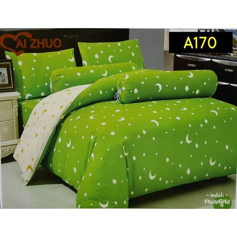 cadar queen 5 in 1 warna hijau corak bulan bintang queen bedsheet green ...