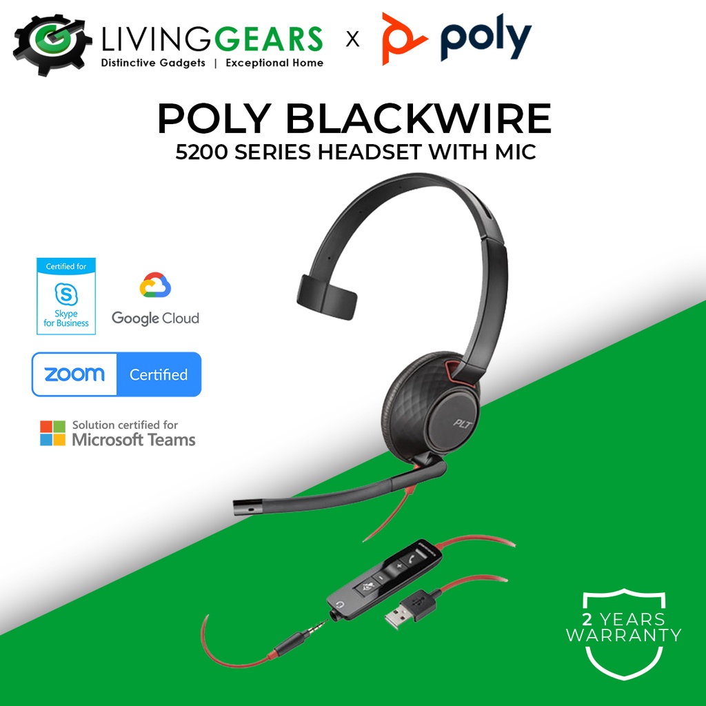 Poly Blackwire 5210 Series Corded Headphone Mono On-Ear Headset ...