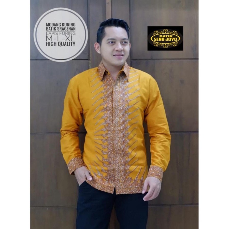 KEMEJA KATUN Modang Yellow Men's Batik Shirt Long Sleeve & Short Sleeve Modern Solo Cotton Batik ...