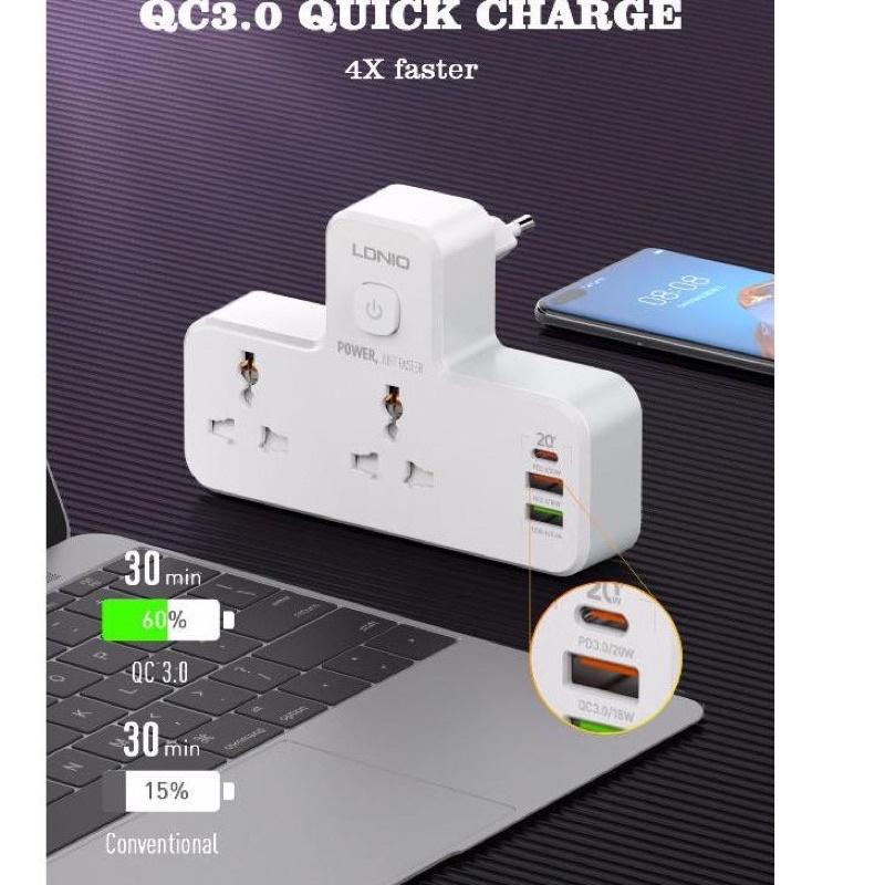 ⭐️HSP-D4⭐️LDNIO SC2311 2500W 2 Sockets + Type-C PD + QC3.0 3USB Ports ...