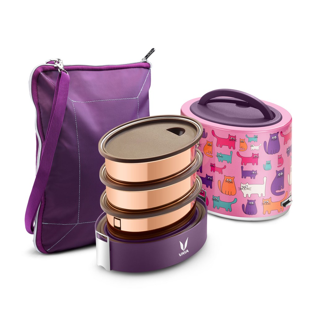 Vaya Tyffyn Cats Copper-Finished Stainless Steel Lunch Box with Bagmat ...