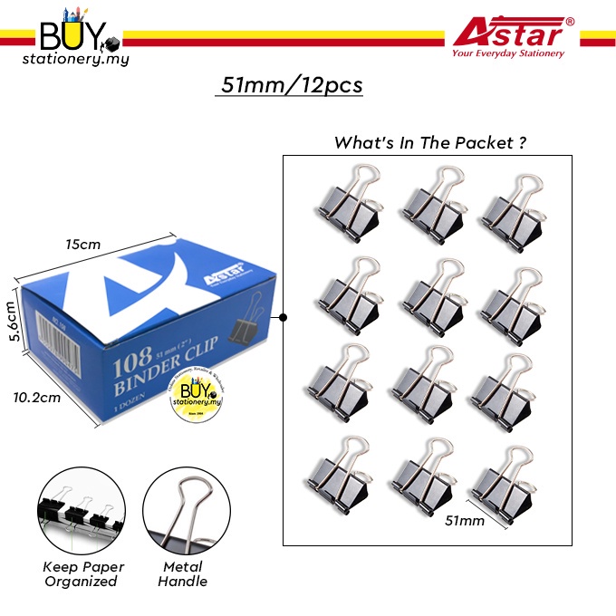 Astar Binder Clip 12pcs (51mm,41mm) / 6pcs (60mm) Paper clip / Pengepit ...