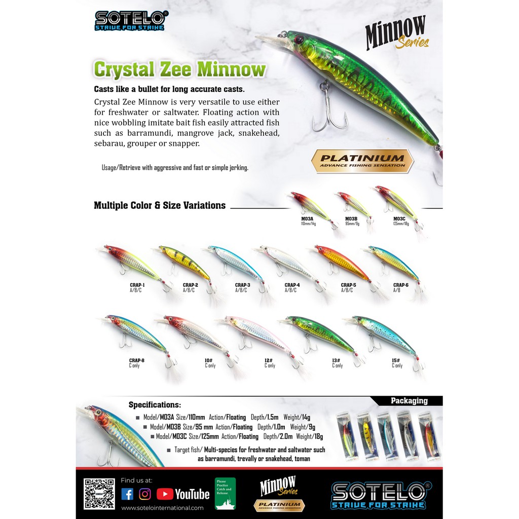 SOTELO PLATINUM AFS CRYSTAL ZEE MINNOW 125mm, FLOATING (Fishing Hard ...