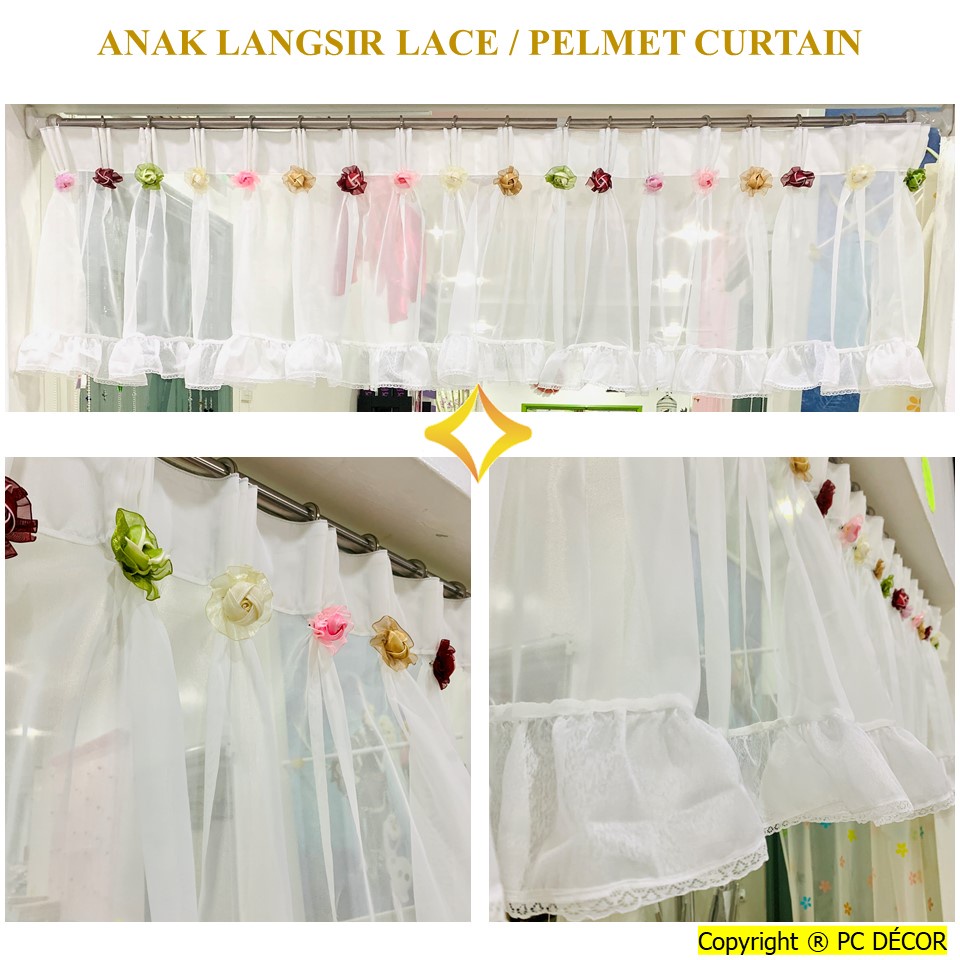 Anak Langsir Lace Flower Pelmet curtain Langsir Dapur Short Curtain Rod ...