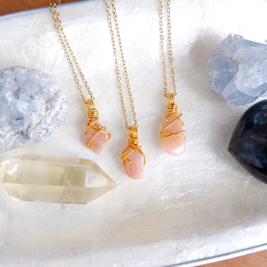 Sunstone Free Form Wire Wrapped Crystal Necklace | Pantone 2024 Peach ...