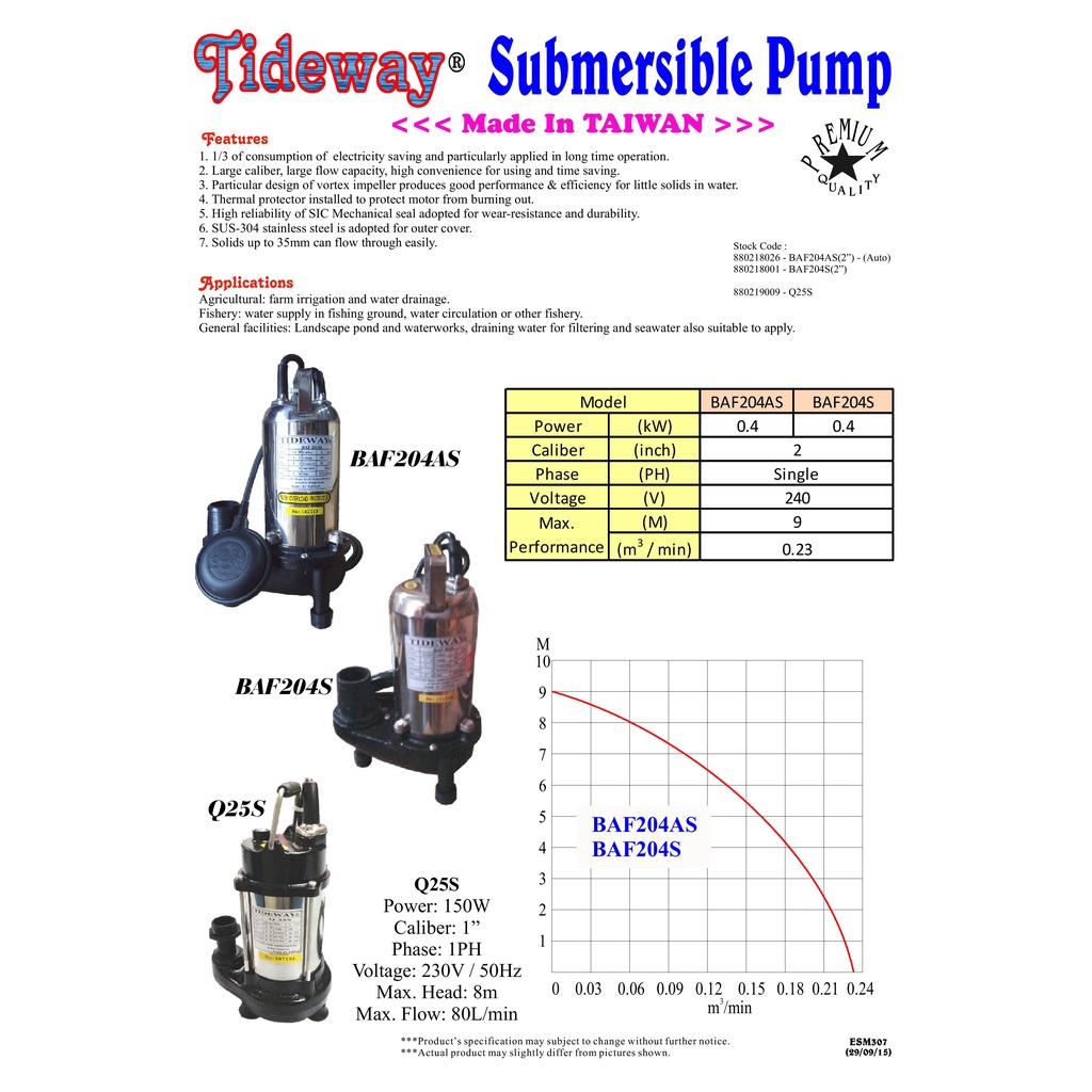 TIDEWAY TAIWAN Submersible Pump EF207AS BAF204S EF207T 2 inch Pam Air ...