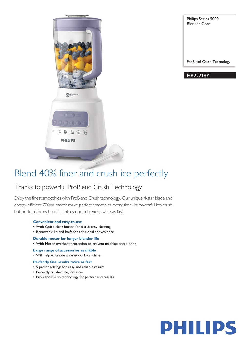Philips Series 5000 Blender Core 700W Blender with dry mill HR2221 ...
